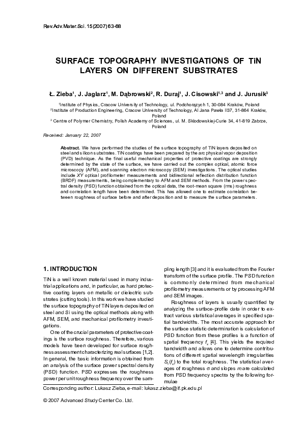(PDF) SURFACE TOPOGRAPHY INVESTIGATIONS OF TiN LAYERS ON DIFFERENT ...