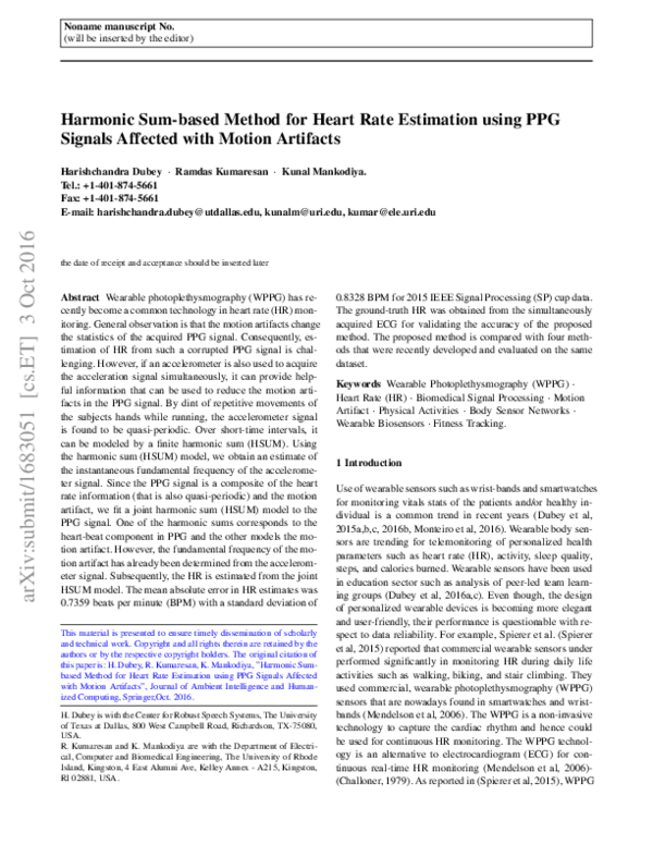 (PDF) Harmonic Sum-based Method for Heart Rate Estimation using PPG Signals Affected with Motion ...
