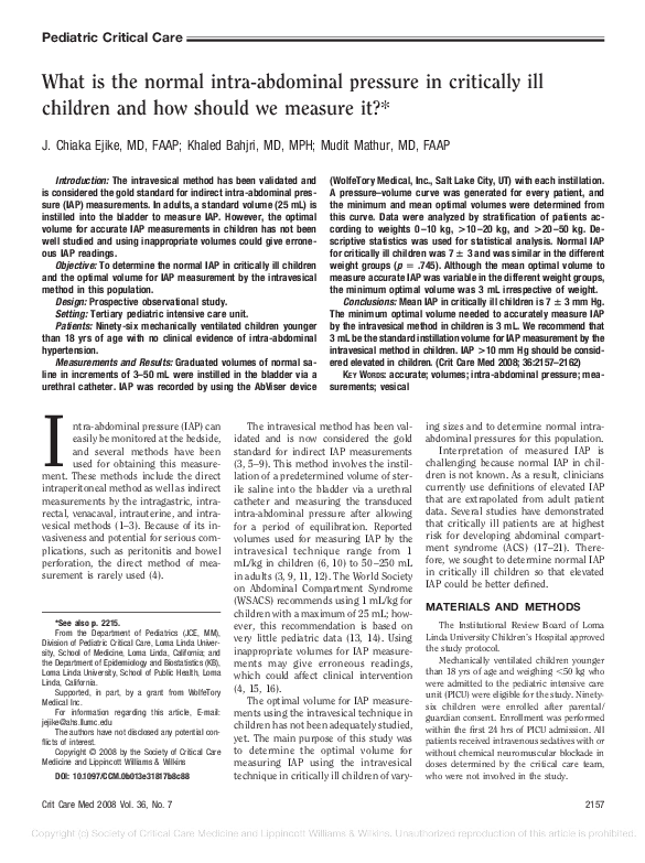 (PDF) Optimal Bladder Volumes for Intra-Abdominal Pressure Measurement ...