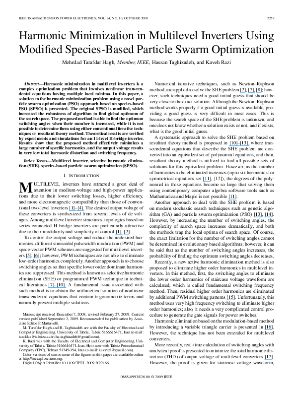 (PDF) Harmonic Minimization in Multilevel Inverters Using Modified Species-Based Particle Swarm ...
