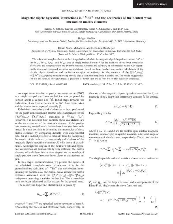 (PDF) Magnetic dipole hyperfine interactions in ^{137}Ba^{+} and the ...