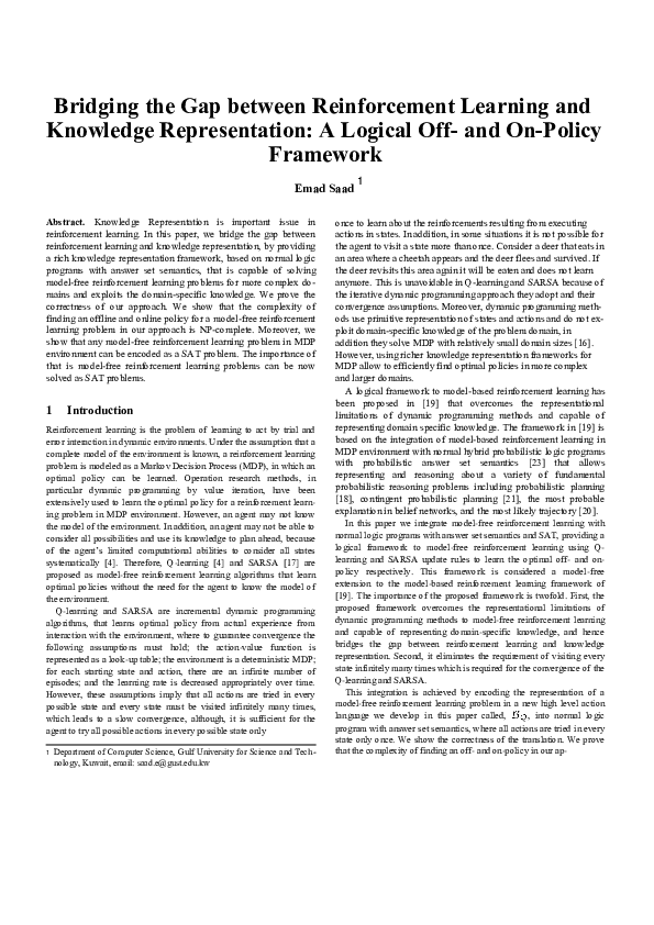 (PDF) Bridging the Gap between Reinforcement Learning and Knowledge Representation: A Logical ...