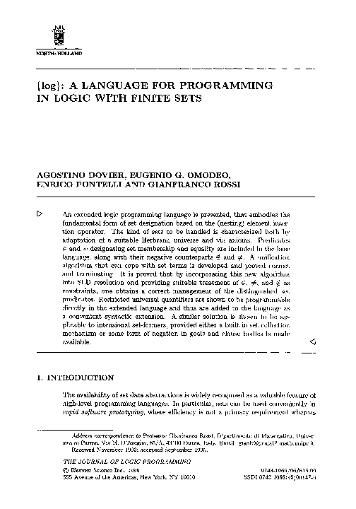 (PDF) A Language for Programming in Logic with Finite Sets