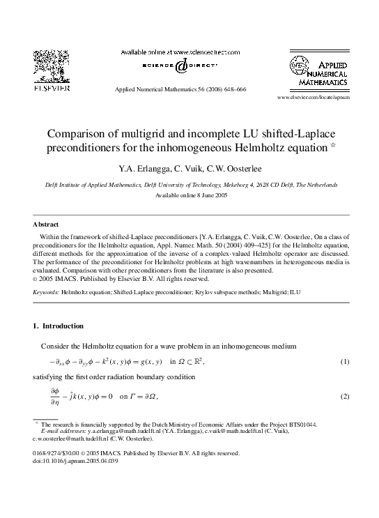 (PDF) Comparison of multigrid and incomplete LU shifted-Laplace preconditioners for the ...
