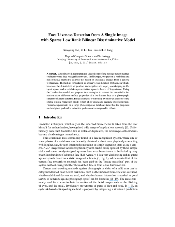 Pdf Face Liveness Detection From A Single Image With Sparse Low Rank Bilinear Discriminative Model