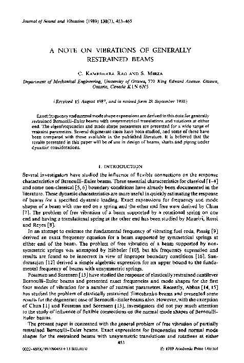 Pdf A Note On Vibrations Of Generally Restrained Beams