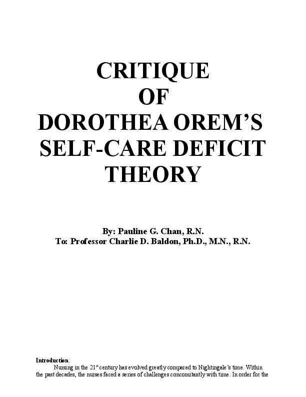 (DOC) CRITIQUE OF DOROTHEA OREM'S SELF-CARE DEFICIT THEORY