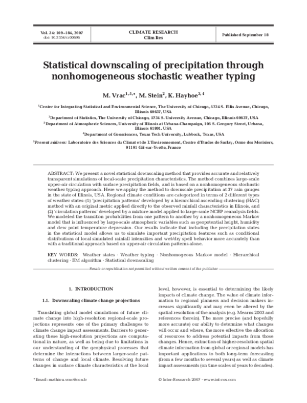 Pdf Statistical Downscaling Of Precipitation Through Nonhomogeneous Stochastic Weather Typing
