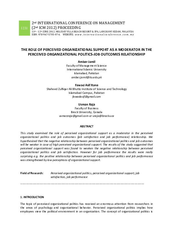 (PDF) The Role of Perceived Organizational Support as a Moderator in the Perceived ...