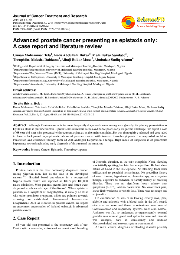 (PDF) Advanced Prostate Cancer Presenting as Epistaxis Only: A Case ...