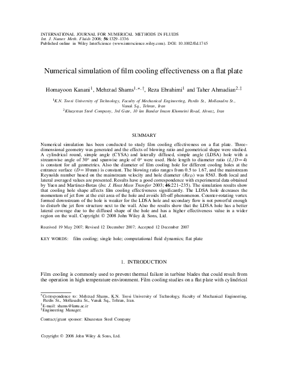 (PDF) Numerical simulation of film cooling effectiveness on a flat plate