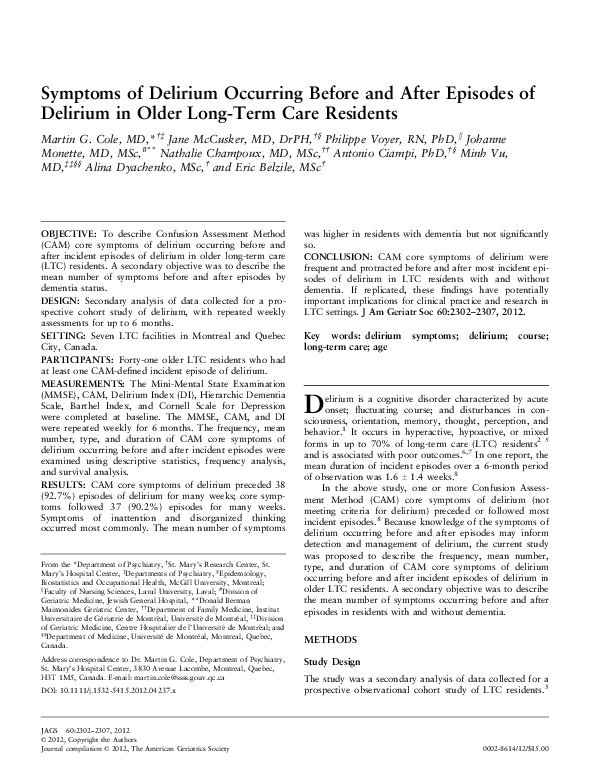 (PDF) Symptoms of Delirium Occurring Before and After Episodes of ...