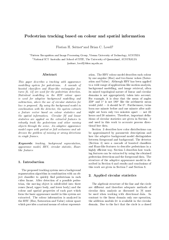 (PDF) Pedestrian Tracking Based on Colour and Spatial Information | Brian Lovell - Academia.edu