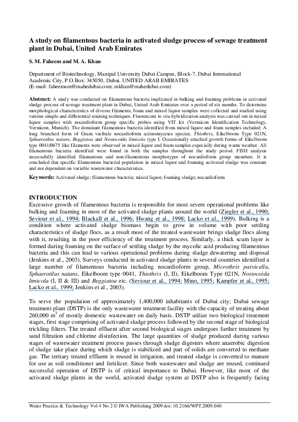 (PDF) A study on filamentous bacteria in activated sludge process of ...
