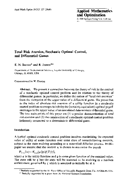 Pdf Total Risk Aversion Stochastic Optimal Control And Differential Games