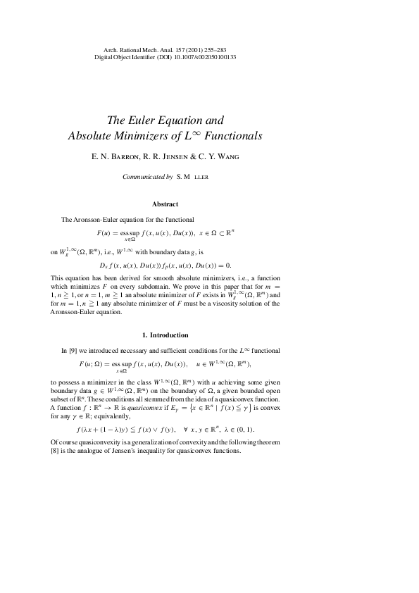 Pdf The Euler Equation And¶absolute Minimizers Of L∞ Functionals Emmanuel Barron