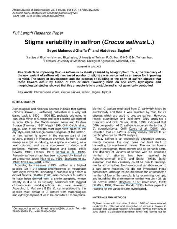 (PDF) Stigma variability in saffron (Crocus sativus L.) | A. Bagheri ...