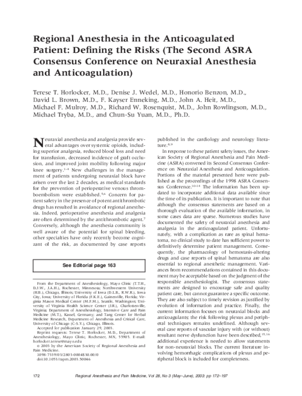 (PDF) Regional Anesthesia in the Anticoagulated Patient: Defining the ...