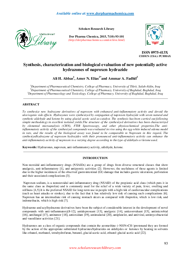 (PDF) Synthesis, characterization and biological evaluation of new potentially active hydrazones ...