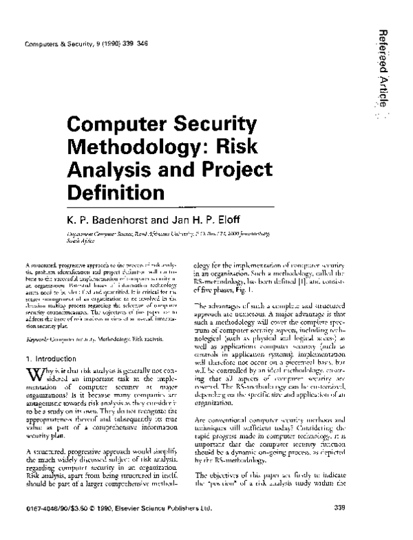 (PDF) Computer security methodology: Risk analysis and project definition