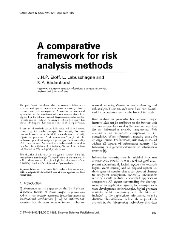 Pdf A Comparative Framework For Risk Analysis Methods Karin