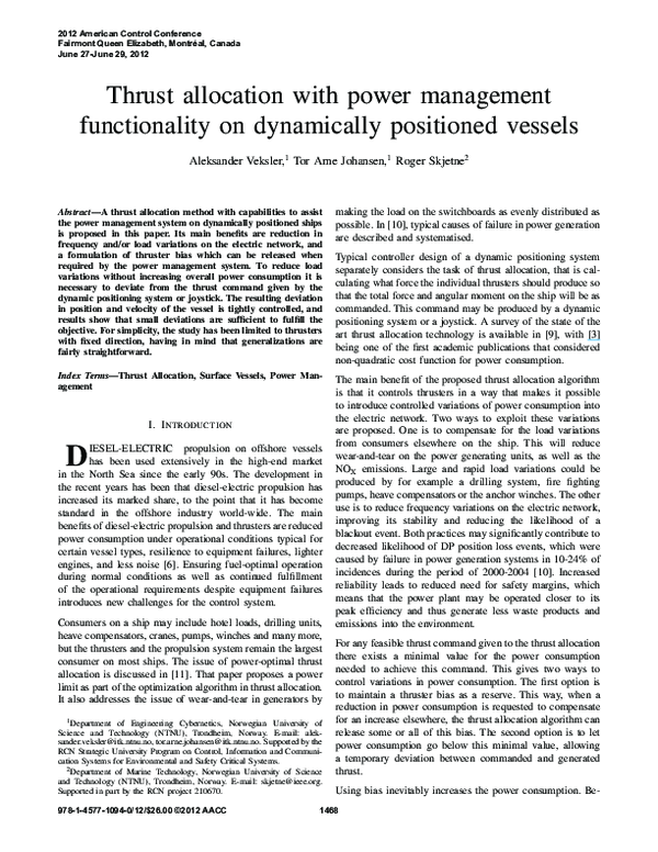 Pdf Thrust Allocation With Power Management Functionality On Dynamically Positioned Vessels