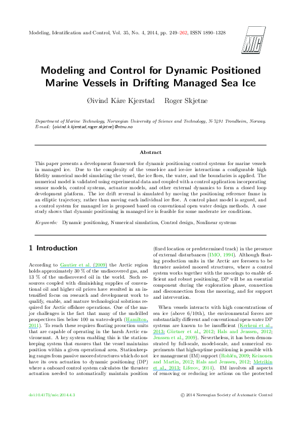 (PDF) Modeling and Control for Dynamic Positioned Marine Vessels in Drifting Managed Sea Ice