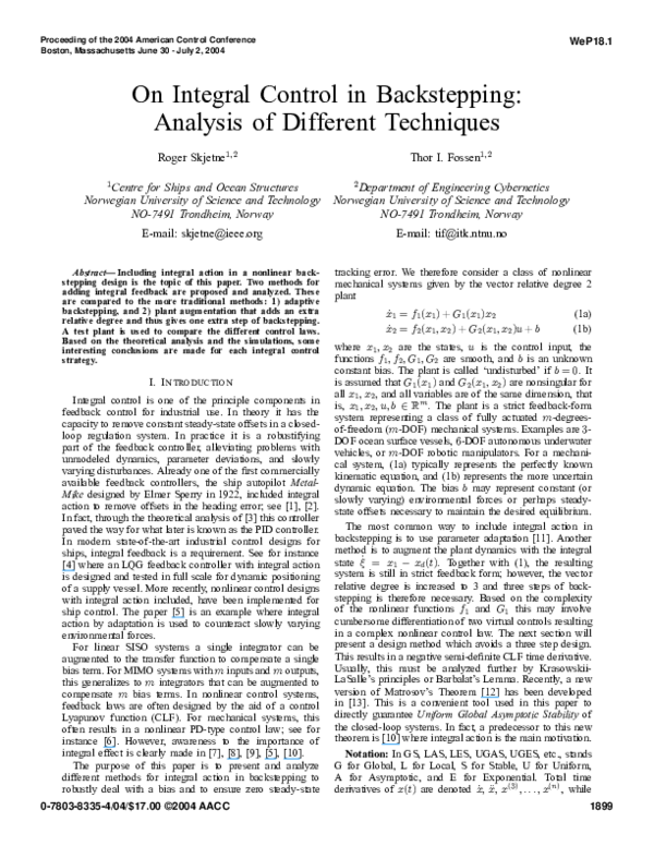 (PDF) On integral control in backstepping: analysis of different techniques | Roger Skjetne ...