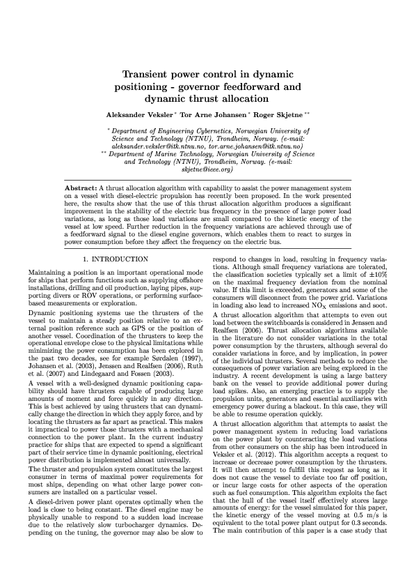(PDF) Transient power control in dynamic positioning - governor feedforward and dynamic thrust ...