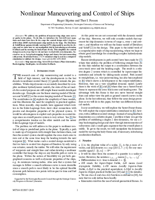 Pdf Nonlinear Maneuvering And Control Of Ships