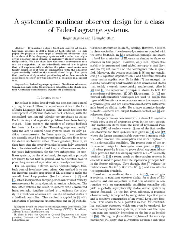 (PDF) A systematic nonlinear observer design for a class of Euler-Lagrange systems