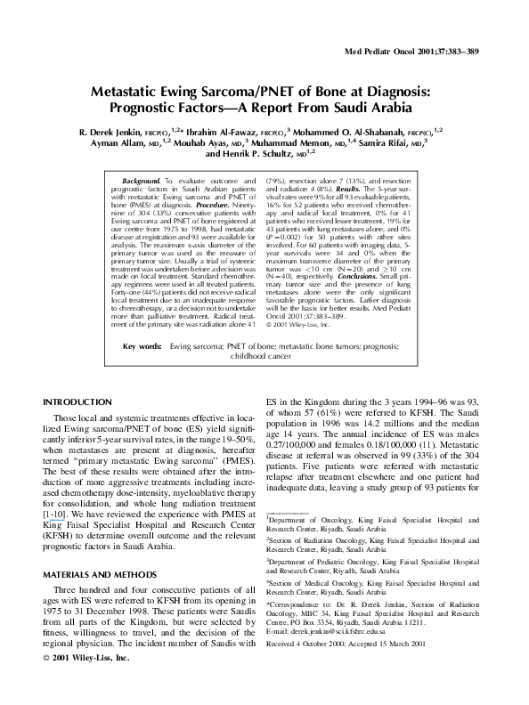 (PDF) Metastatic Ewing sarcoma/PNET of bone at diagnosis: Prognostic ...