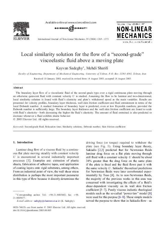 (PDF) Local similarity solution for the flow of a “second-grade” viscoelastic fluid above a ...