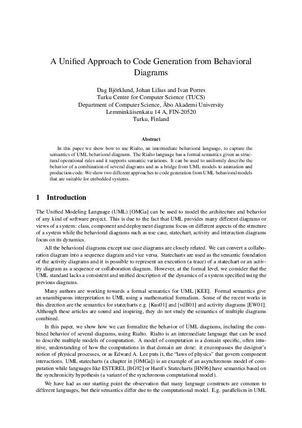 (PDF) A Unified Approach to Code Generation from Behavioral Diagrams