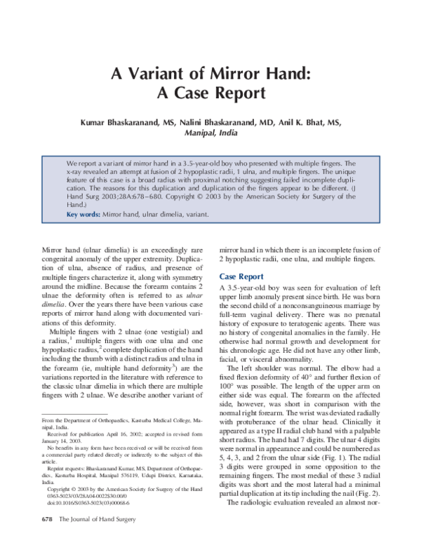 (PDF) Ulnar dimelia variant: a case report | Sohail Ahmad - Academia.edu