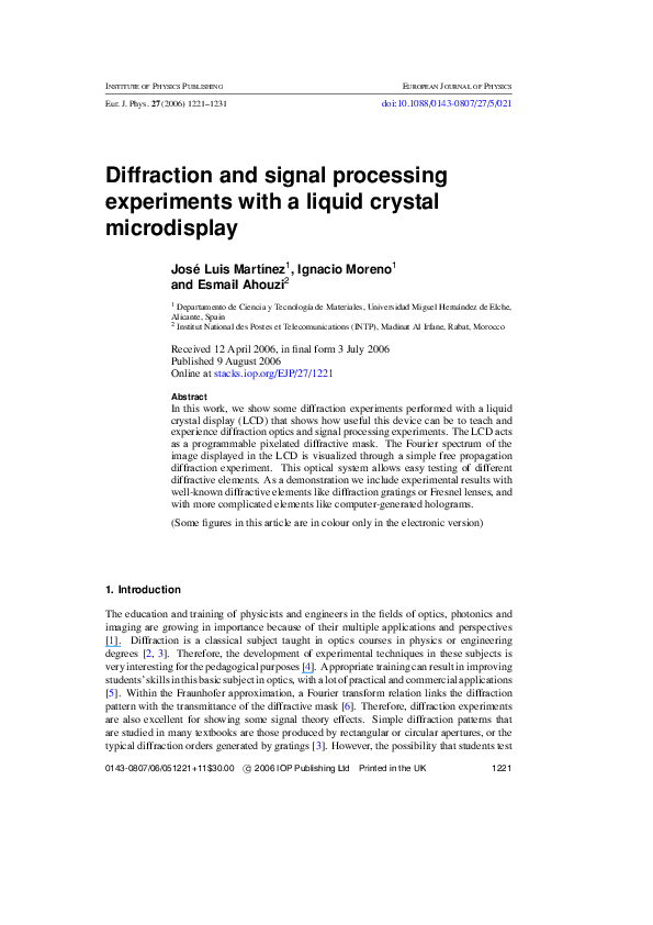 (PDF) Diffraction and signal processing experiments with a liquid ...