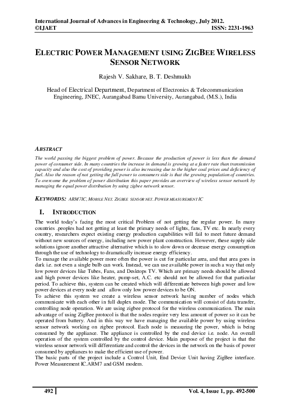 (PDF) ELECTRIC POWER MANAGEMENT USING ZIGBEE WIRELESS SENSOR NETWORK