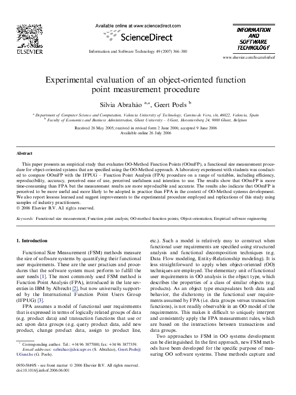 Pdf Experimental Evaluation Of An Object Oriented Function Point Measurement Procedure