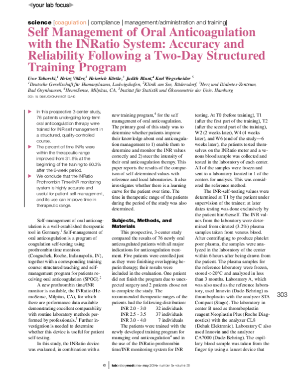(PDF) Self Management of Oral Anticoagulation with the INRatio System ...