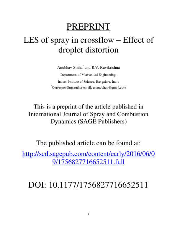 (PDF) LES of spray in crossflow – Effect of droplet distortion
