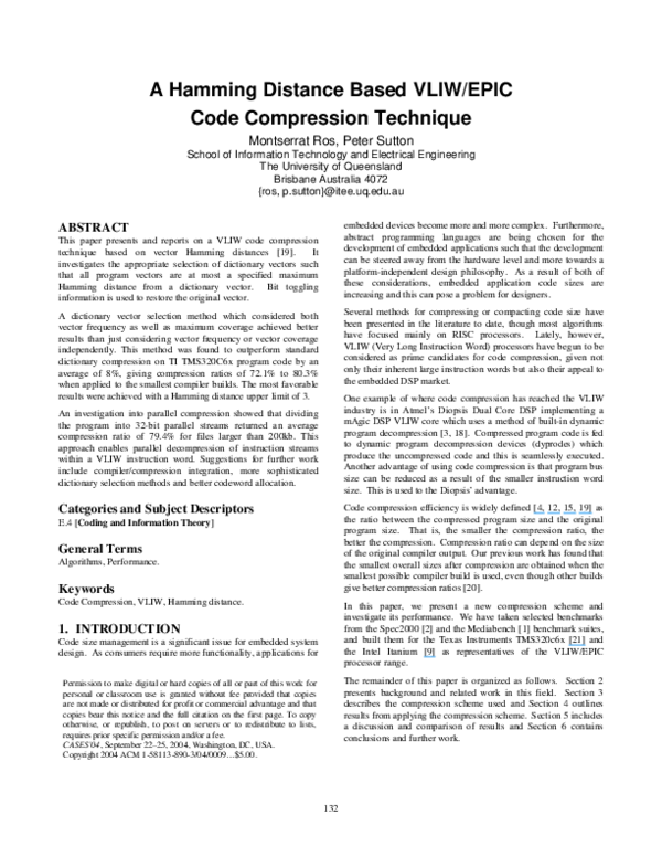(PDF) A hamming distance based VLIW/EPIC code compression technique