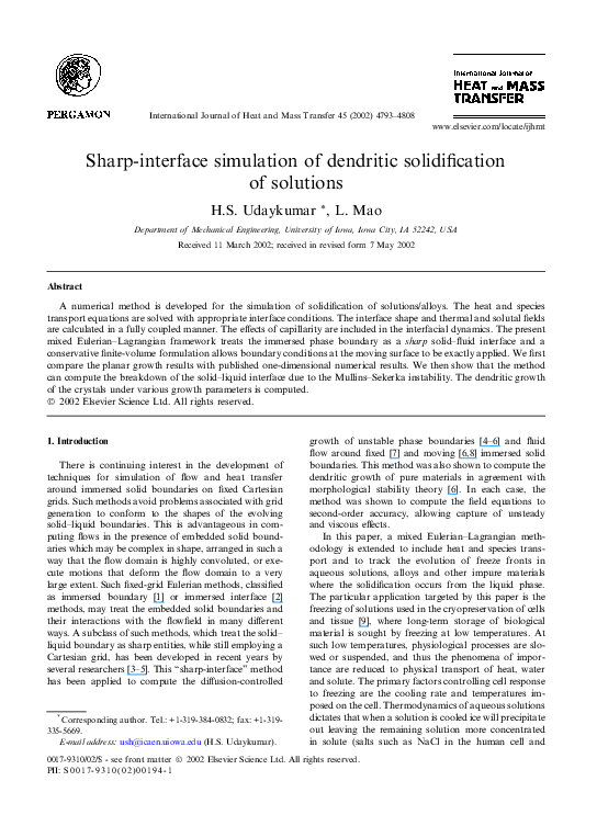 (PDF) Sharp-interface simulation of dendritic solidification of solutions