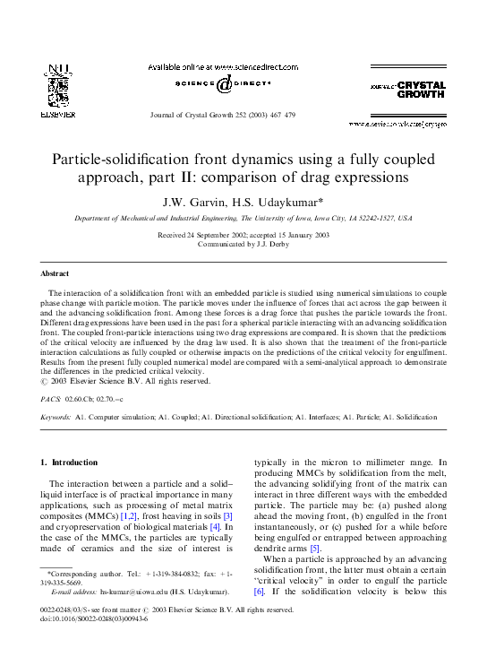 Pdf Particlesolidification Front Dynamics Using A Fully Coupled Approach Part I Methodology