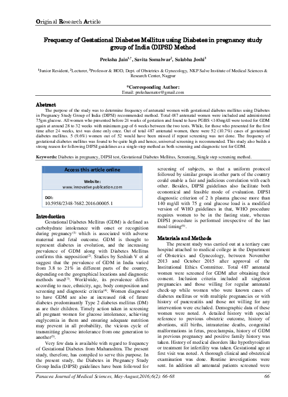(PDF) Frequency of Gestational Diabetes Mellitus using Diabetes in ...