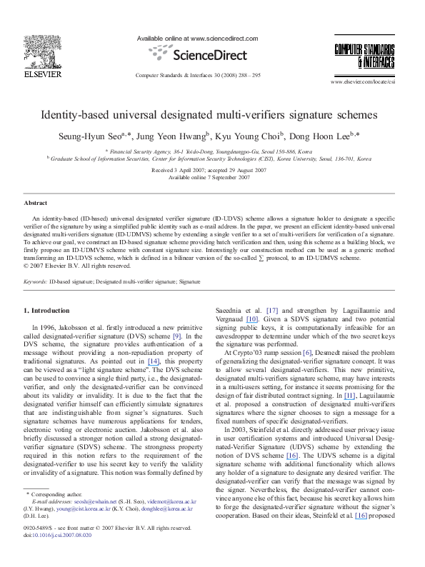 Pdf Identity Based Multi Verifiers Signature Schemes 
