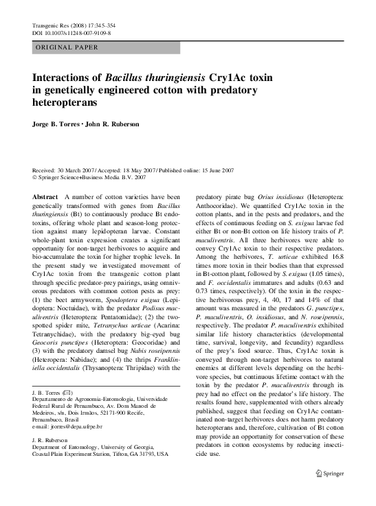 (PDF) Interactions of Bacillus thuringiensis Cry1Ac toxin in genetically engineered cotton with ...