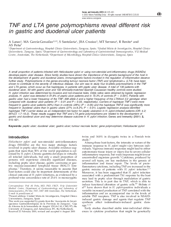 (PDF) TNF and LTA gene polymorphisms reveal different risk in gastric ...