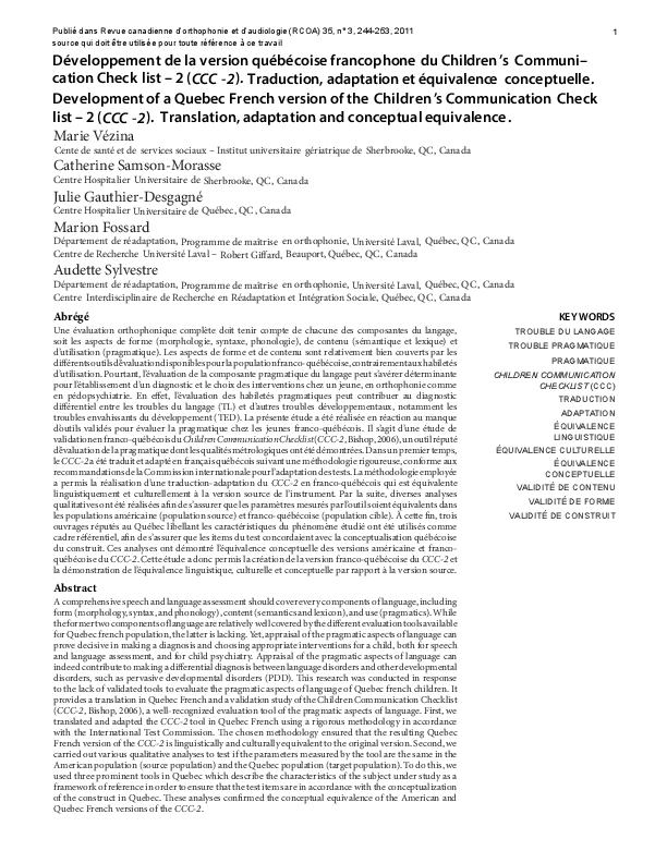 (PDF) Développement de la version québécoise francophone du Children’s ...
