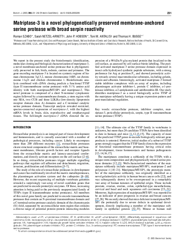 (PDF) Matriptase-3 is a novel phylogenetically preserved membrane ...