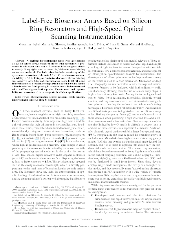 (PDF) Label-Free Biosensor Arrays Based on Silicon Ring Resonators and High-Speed Optical ...